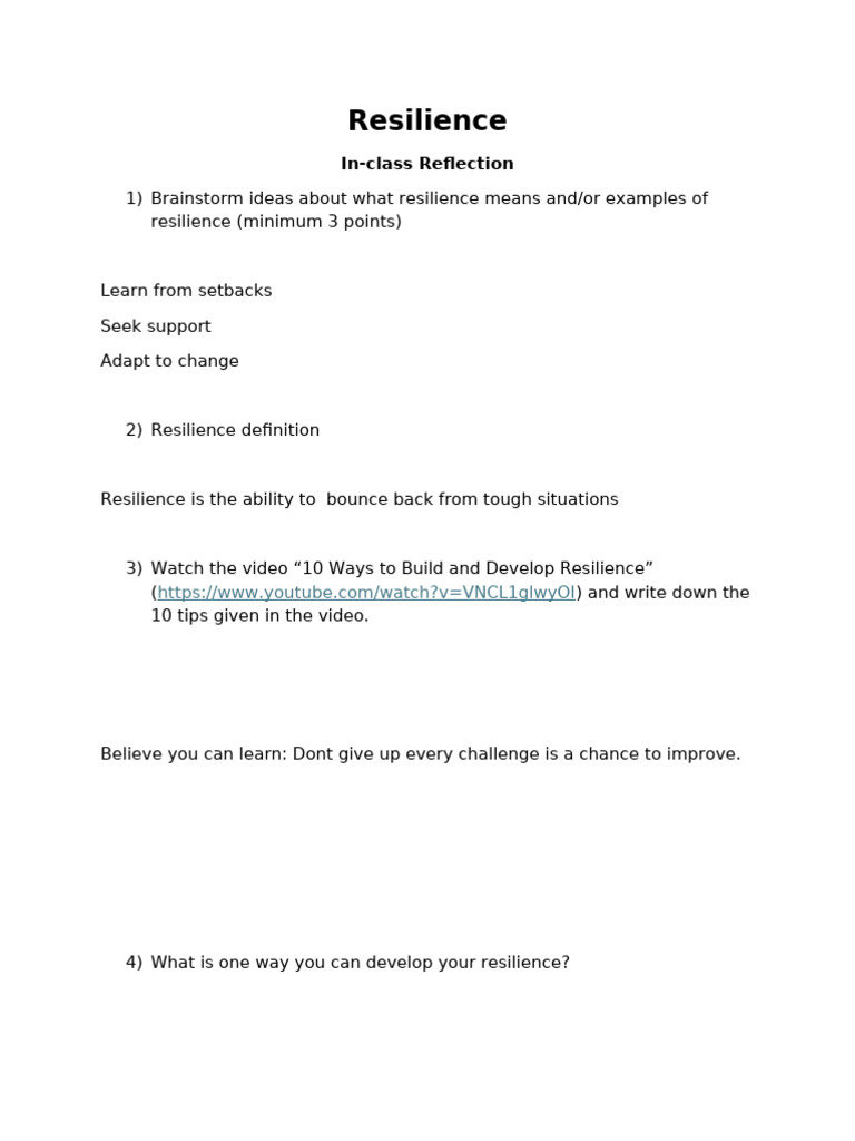 Reslience In-Class Reflection | PDF
