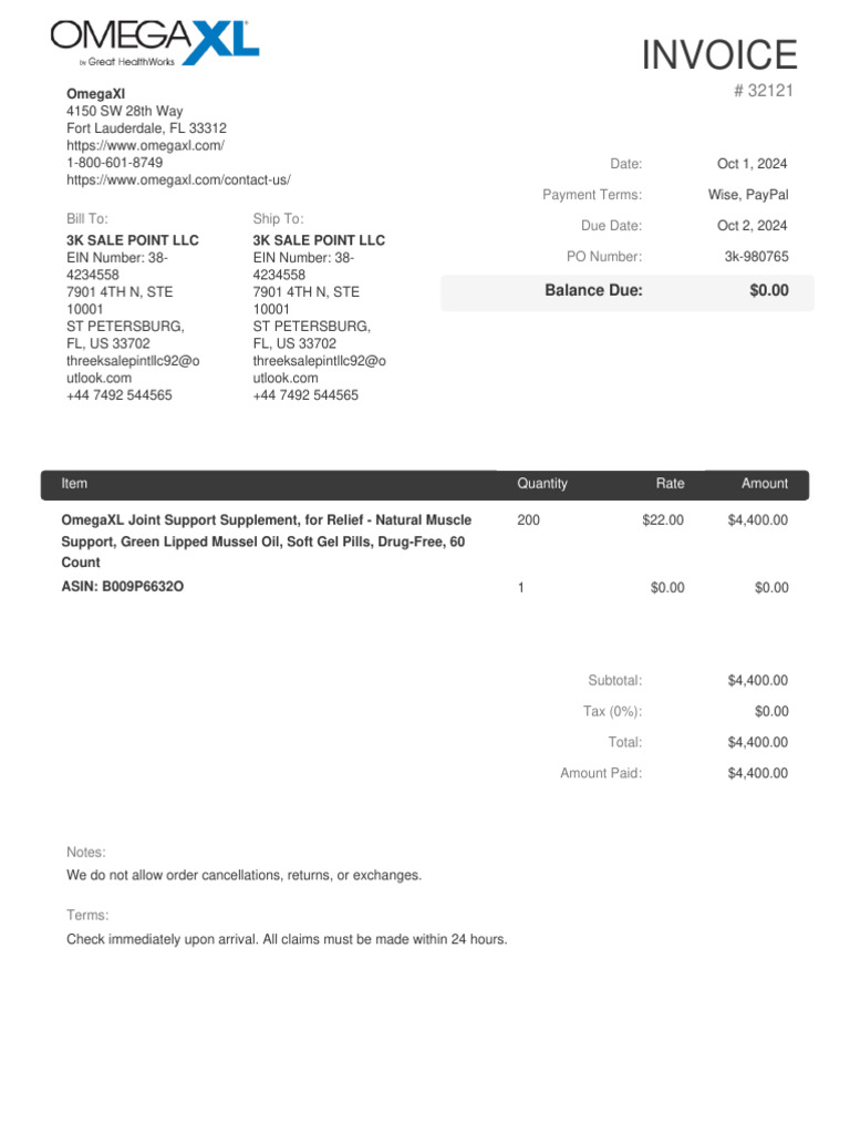 Omega XL 60 Invoice | PDF