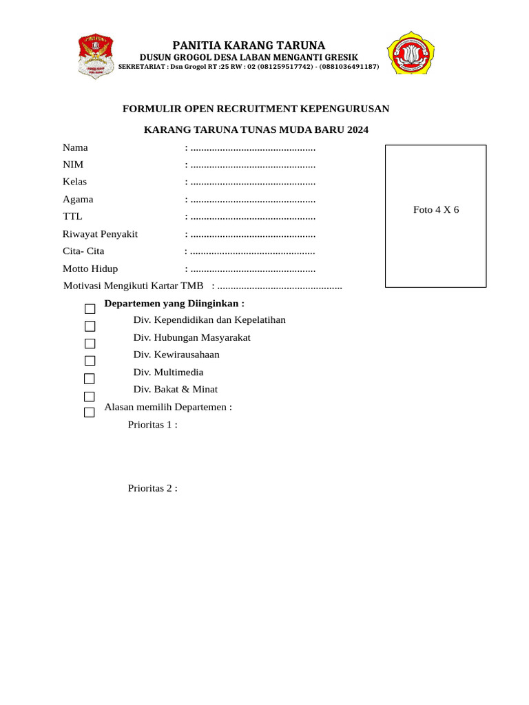 Formulir Pendaftaran Kartar TMB 2024 | PDF