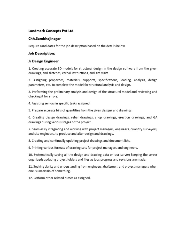 Landmark Concepts PVT Ltd. CHH - Sambhajinagar Job Descrip On: JR ...