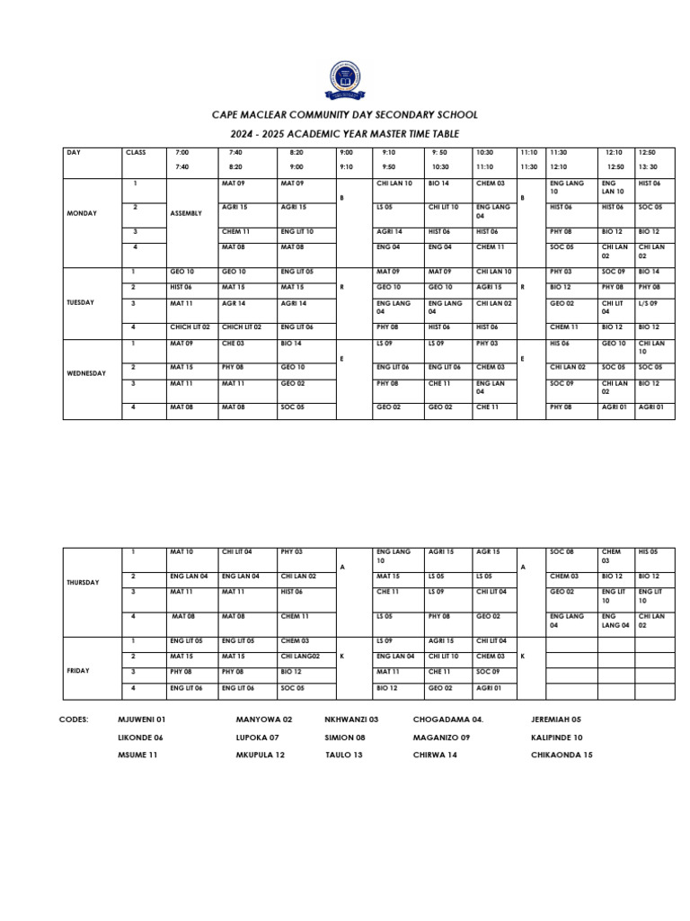 Cape Maclear School 2024-2025 Timetable | PDF
