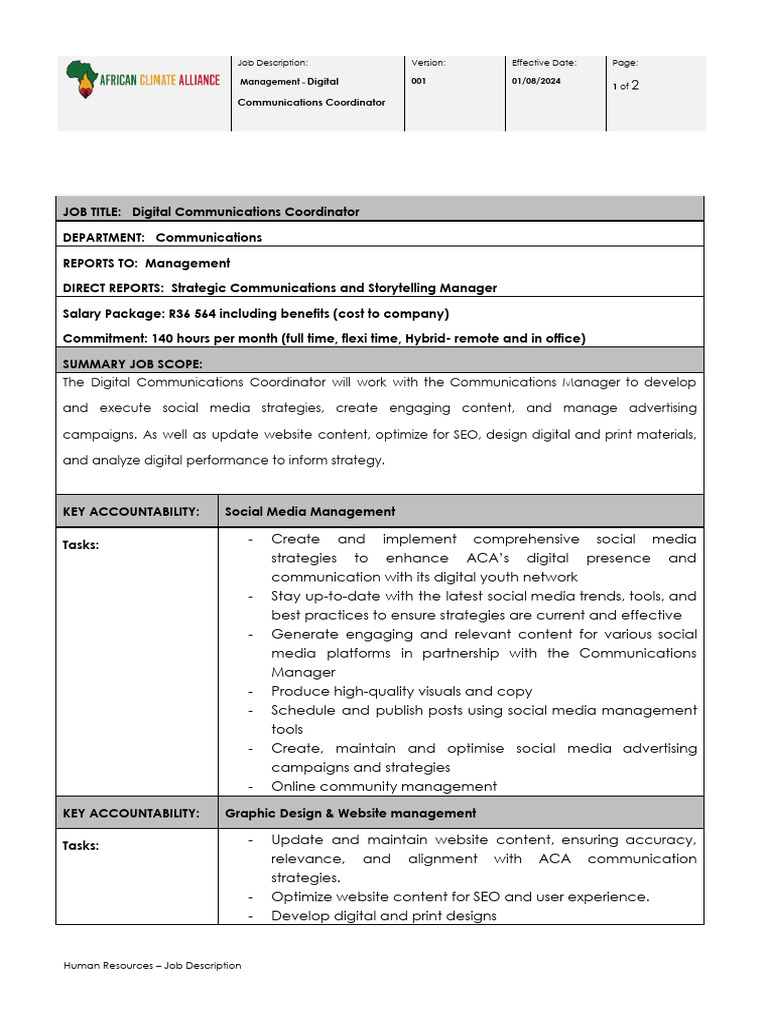 ACA Digital Communications Coordinator - Job Description | PDF | Social Media | Popular Culture ...