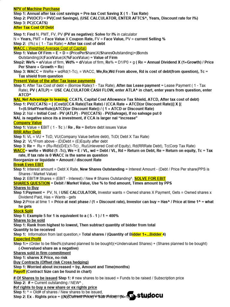 Fin401 Exam Crib Sheet | PDF | Option (Finance) | Cost Of Capital