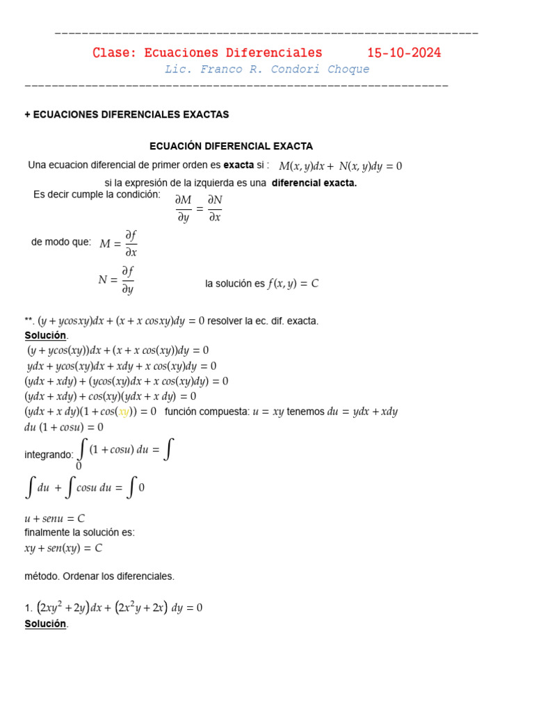 Ecuaciones Diferenciales Exactas | PDF | Ecuaciones | Ecuaciones diferenciales