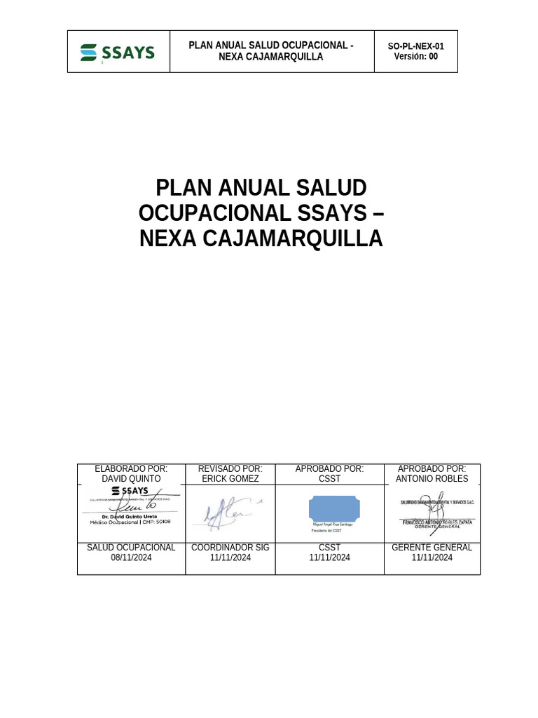 SO-PL-NEX-01 Plan Anual de Salud Ocupacional - Nexa Cajamarquilla 2025 REV | PDF | Seguridad y ...