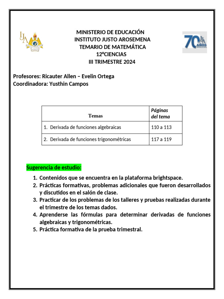 Temario Matemática Iii Trimestre 2024 | PDF