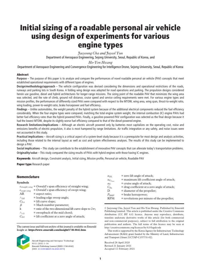 Initial Sizing of A Roadable Personal Air Vehicles Using Design of ...