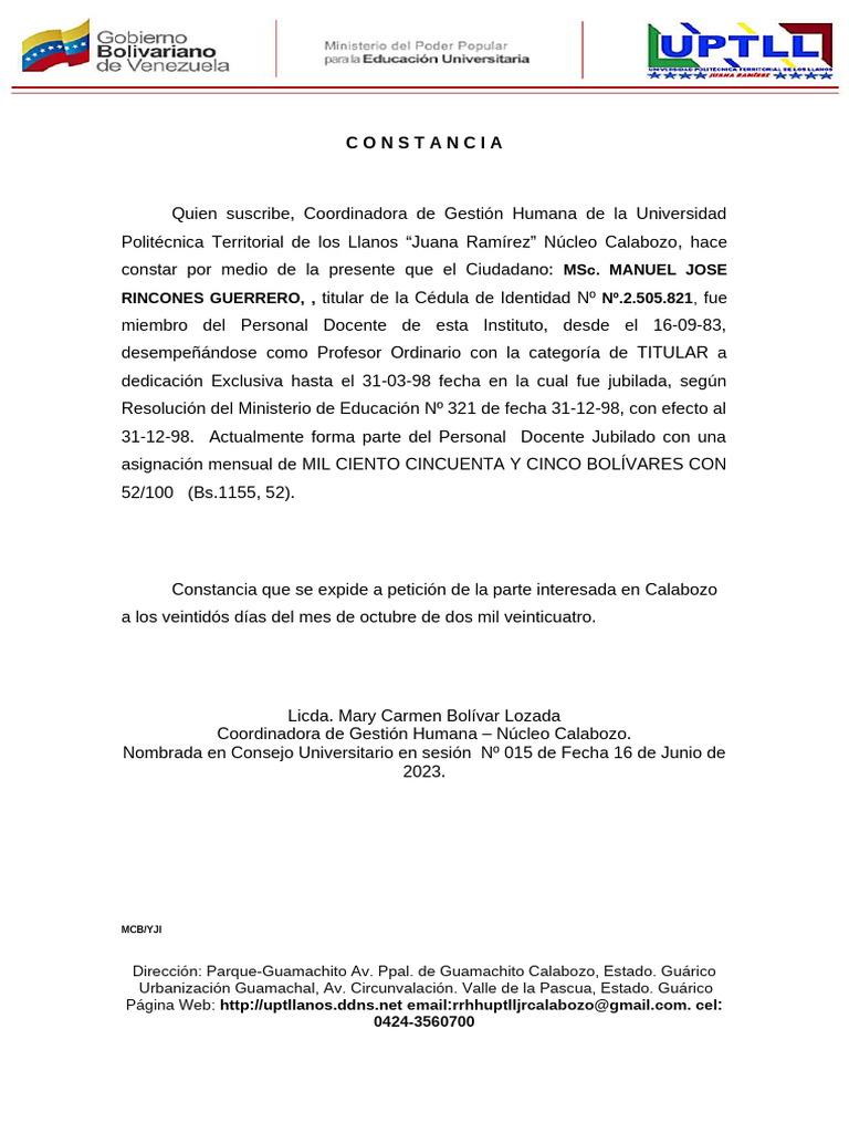 Constancia: Msc. Manuel Jose Rincones Guerrero, Nº.2.505.821 | PDF ...