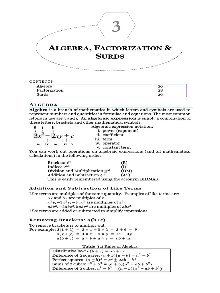Algebra Factorization and Surds | PDF | Algebra | Multiplication