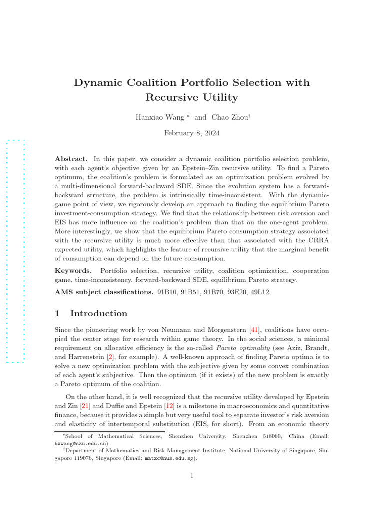 Dynamic Coalition Portfolio Selection With Recursive Utility | PDF | Risk Aversion ...