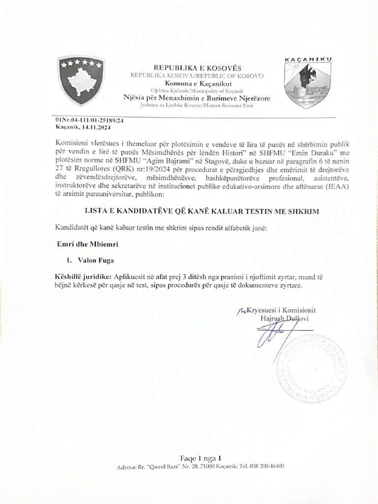 Njoftim Lista e Kandidateve Qe Kane Kaluar Testin Me Shkrim Histori | PDF