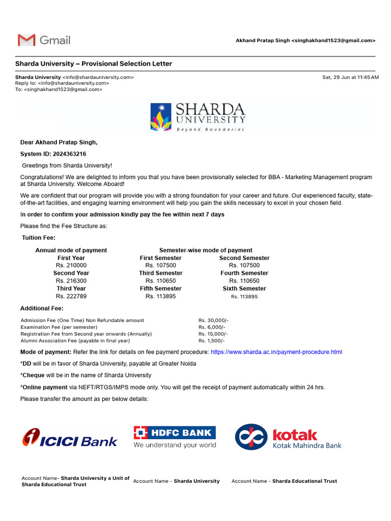 Sharda University - Provisional Selection Letter | PDF | Payments