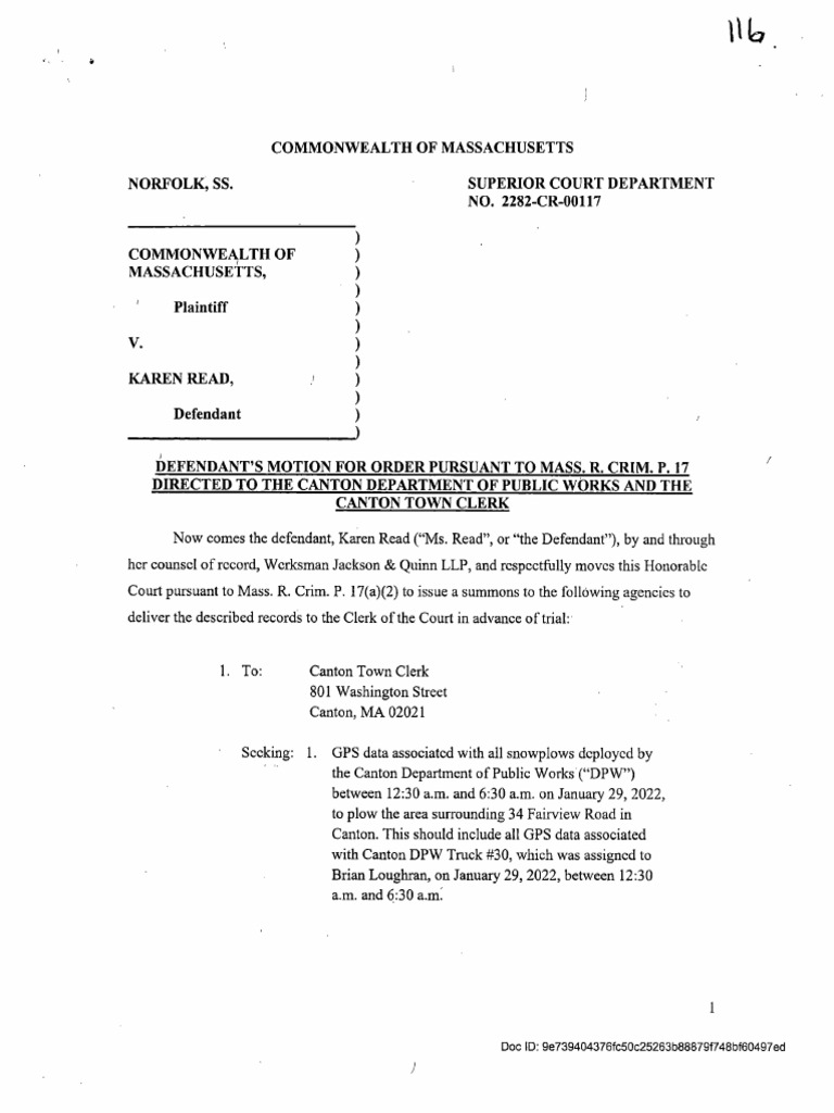 Defendant's Motion For Order Pursuant To Mass.r.crim.p.17 Directed To ...