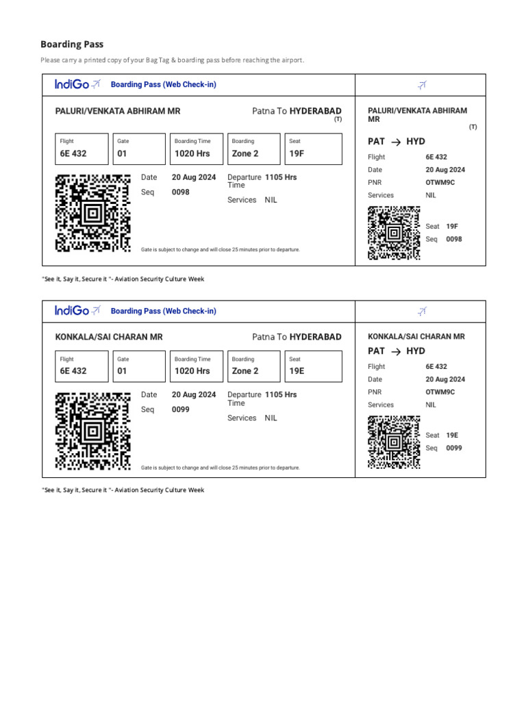 Boarding Pass Indigo Patna Hyderabad | PDF | Aviation