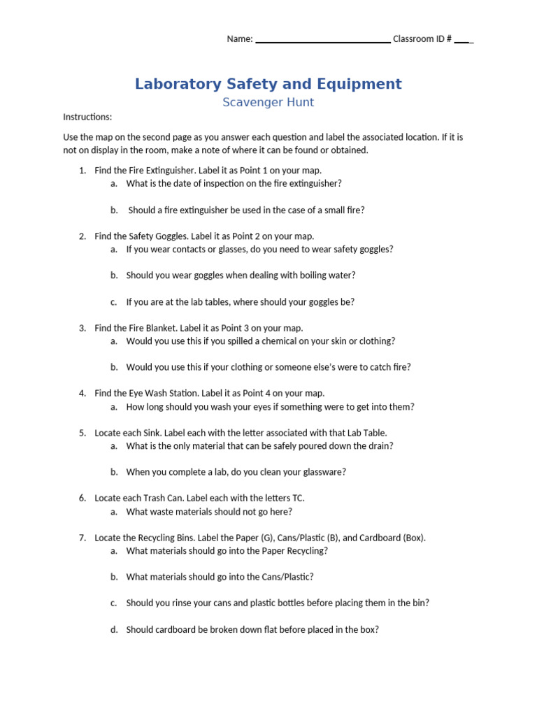 Laboratory Safety and Equipment scavenger hunt | PDF