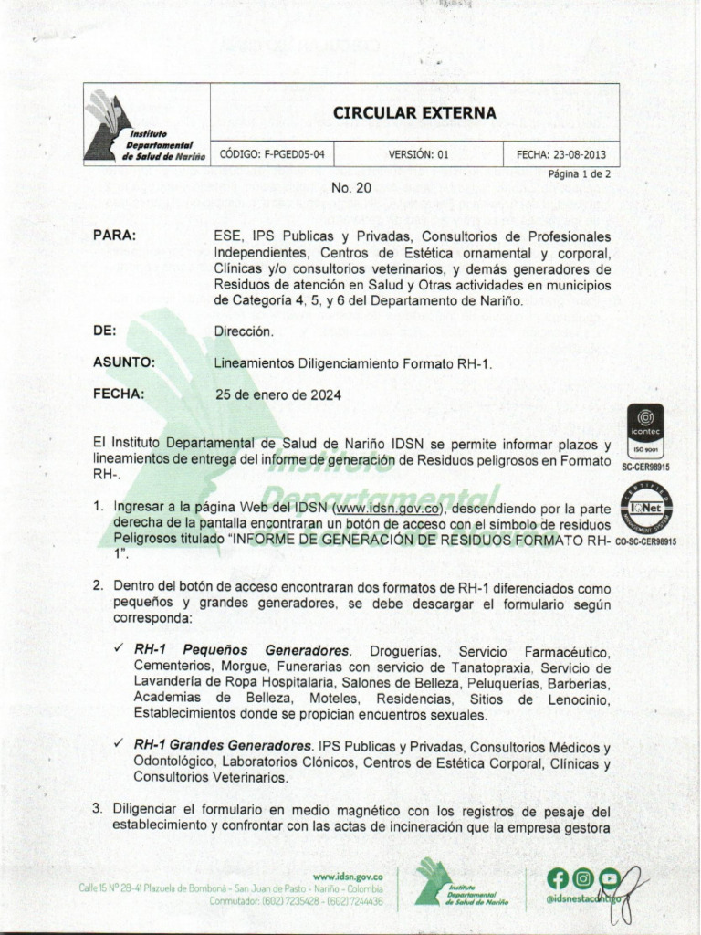 Circular Externa 20 - Lineamientos Rh1 | PDF