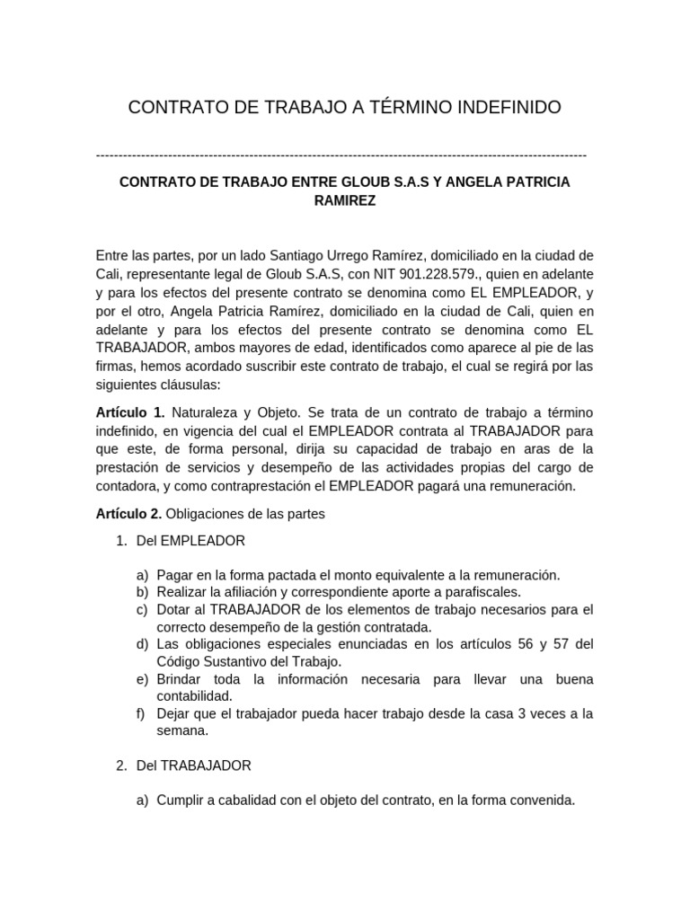 Contrato de Trabajo A Término Indefinido - Gloub | PDF | Salario