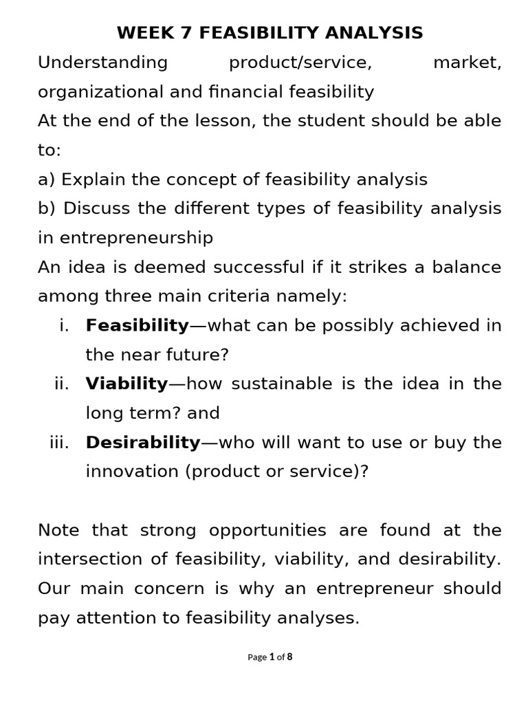 Week 7 Feasibility Analysis | PDF | Feasibility Study | Entrepreneurship