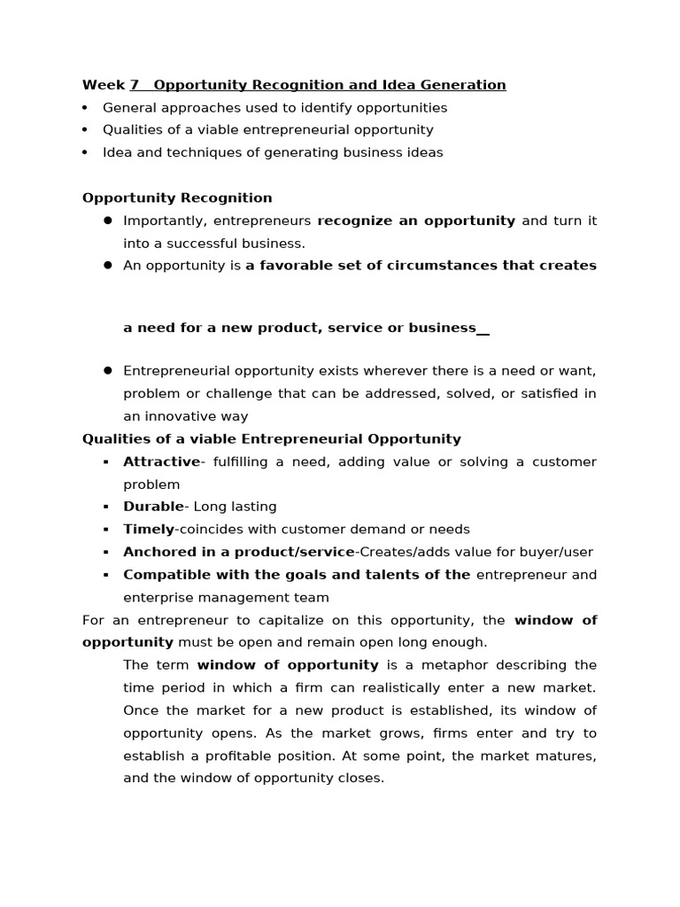 Week 6 Opportunity Recognition and Idea Generation - 014716 | PDF ...