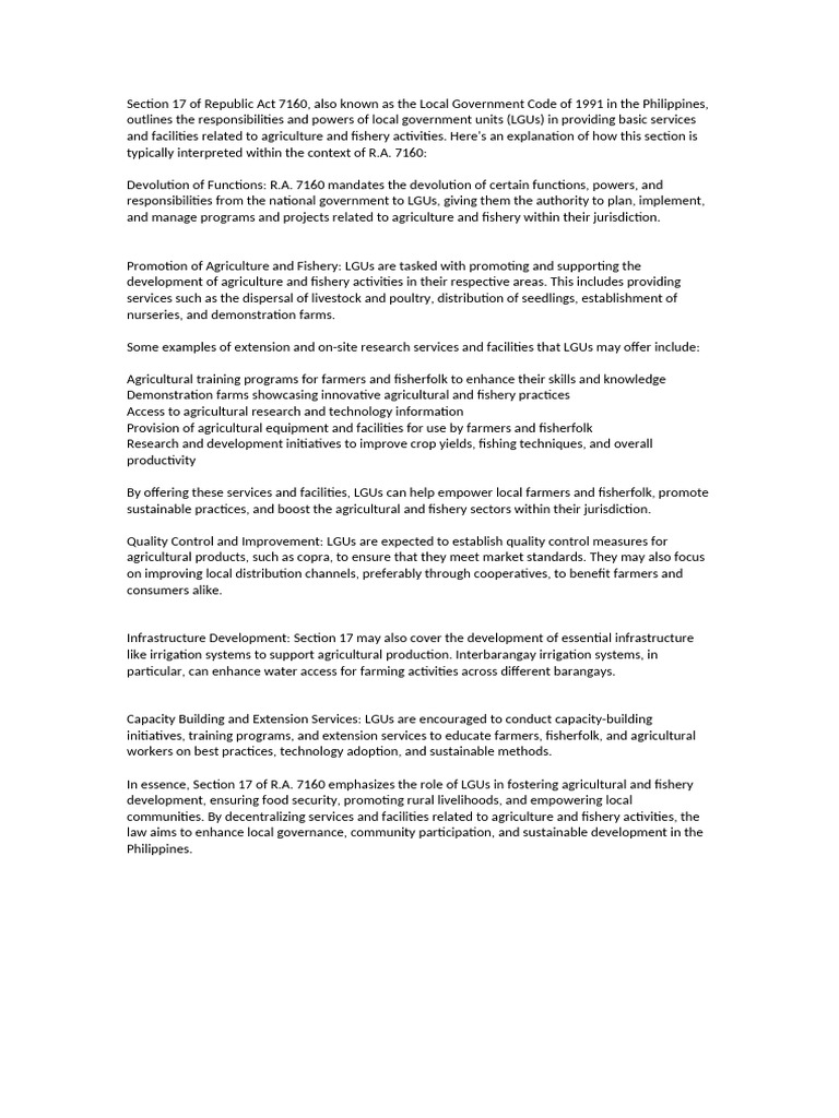 Section 17 of Republic Act 7160.docx LGU Basic Services | PDF ...