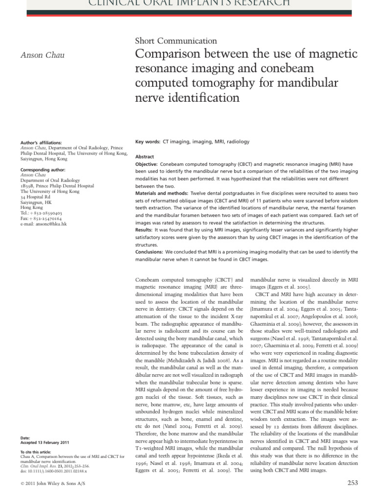 MRI vs. CBCT for Mandibular Nerve Detection | PDF | Medical Imaging ...