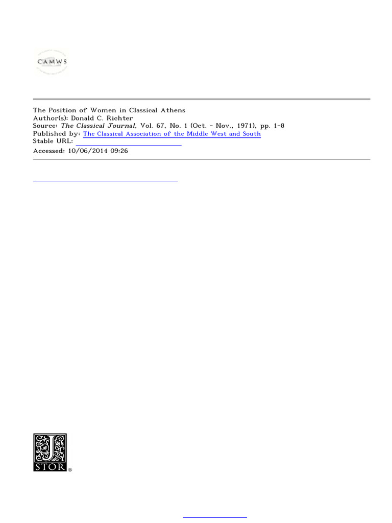 RICHTER, Donald. The Position of Women in Classical Athens | PDF ...