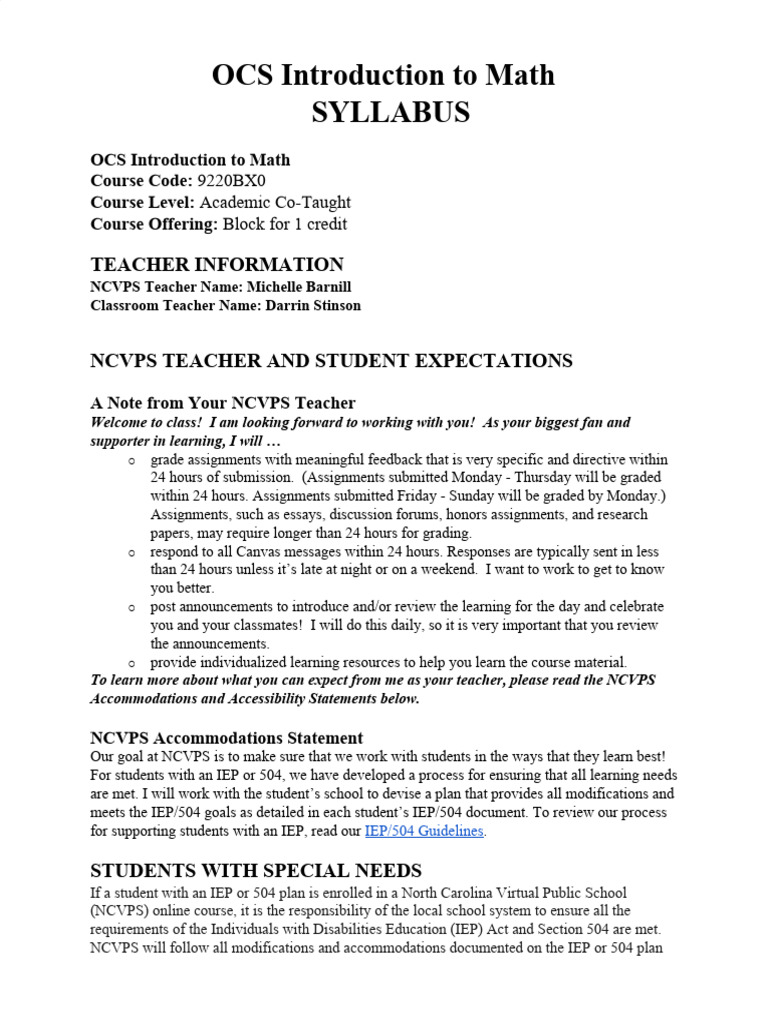 OCS Introduction To Math Syllabus F | PDF | Individualized Education ...