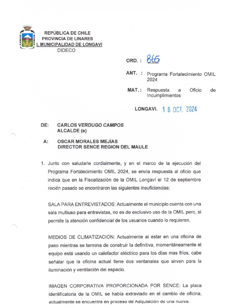 LONGAVI RESPUESTA Oficio de Respuesta Fiscalización A OMIL | PDF