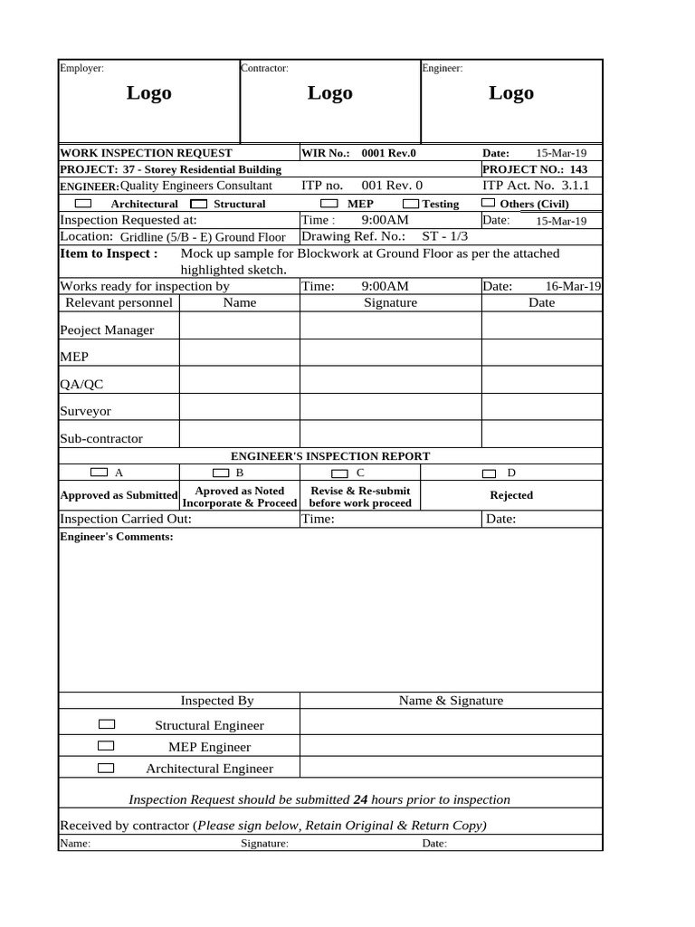 Work Inspection Request for Blockwork | PDF