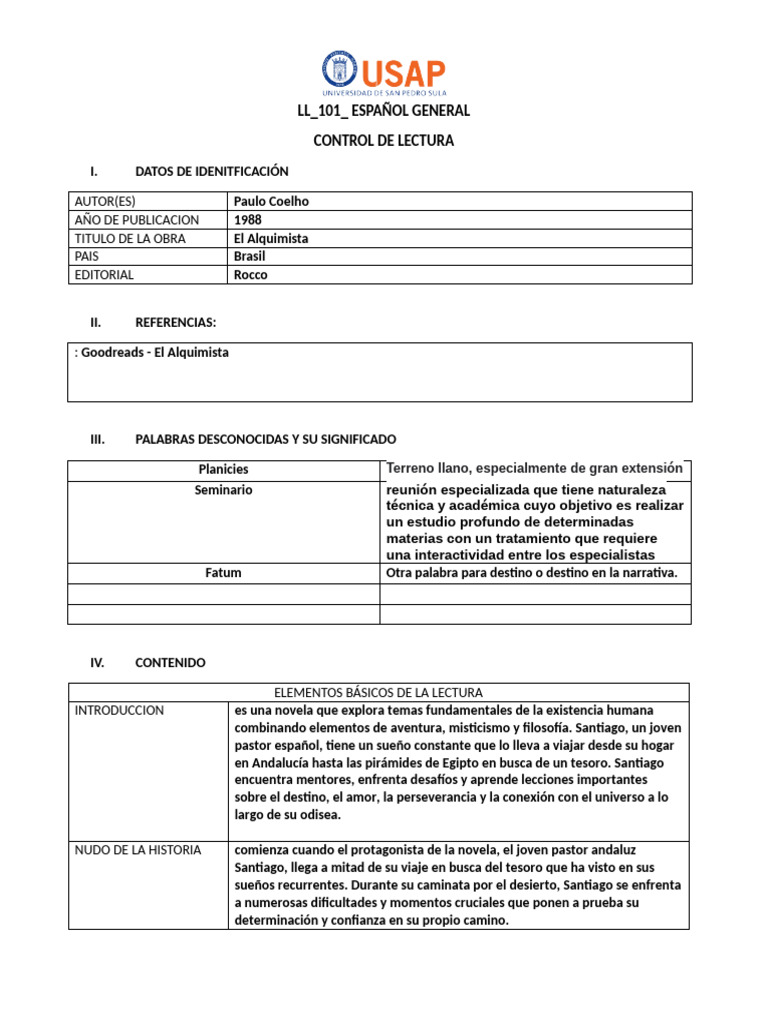 Control de Lectura El Alquimista Yahir Chávez | PDF