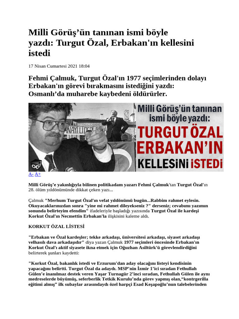 Turgut Özal, Erbakan'in Kellesini Istedi | PDF