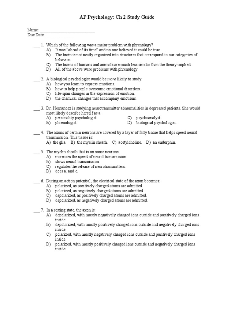 AP Psychology: CH 2 Study Guide | PDF | Neurotransmitter | Cerebral Cortex