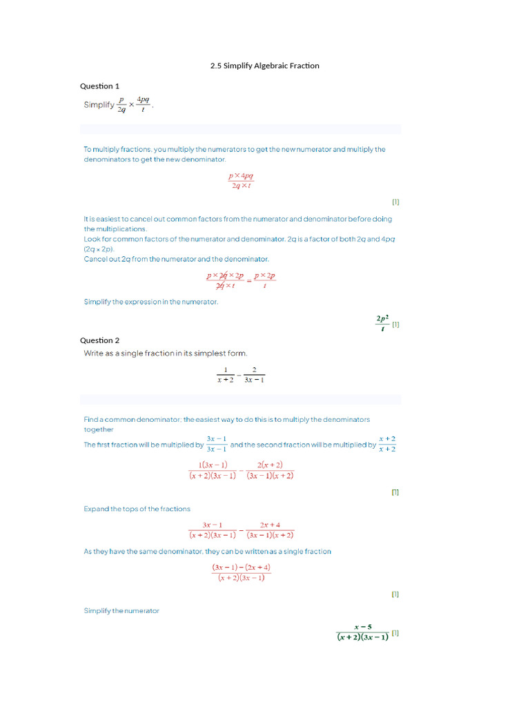 2.5 Simplify Algebraic Fractions - Answer | PDF