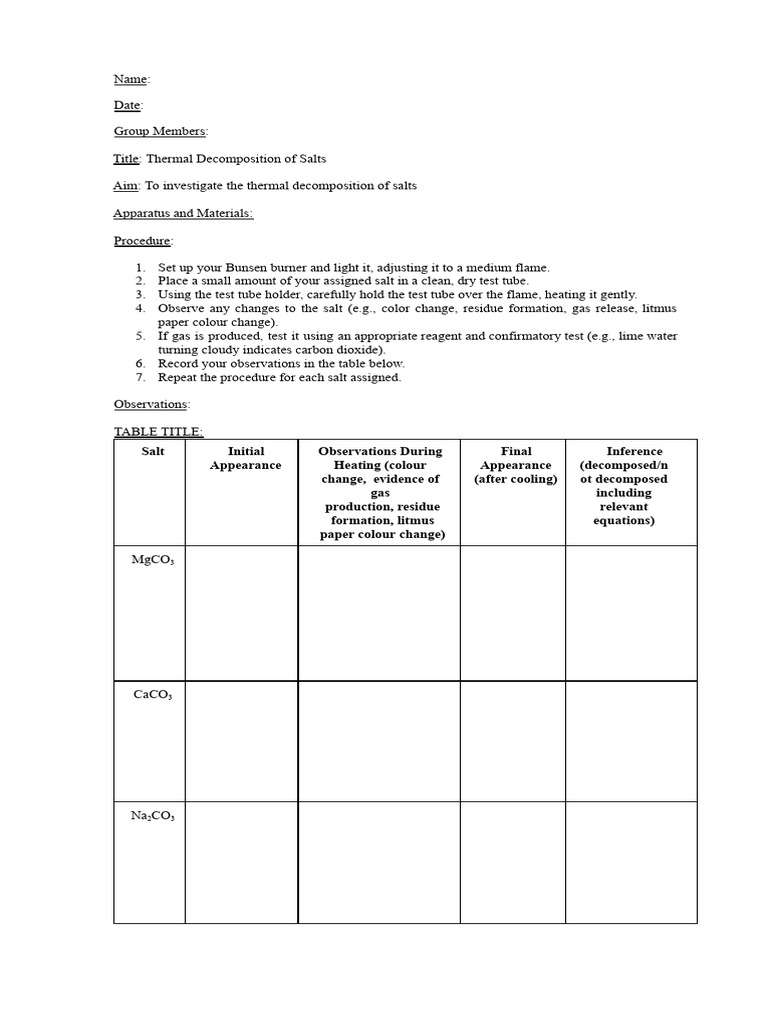Thermal Decomposition Lab Sheet | PDF | Science & Mathematics