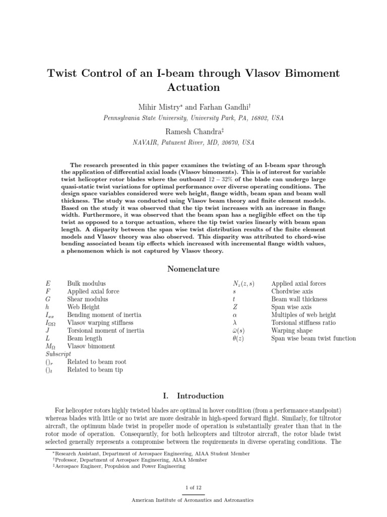 Twist Control of An I-Beam Through Vlasov Bimoment Actuation | PDF ...