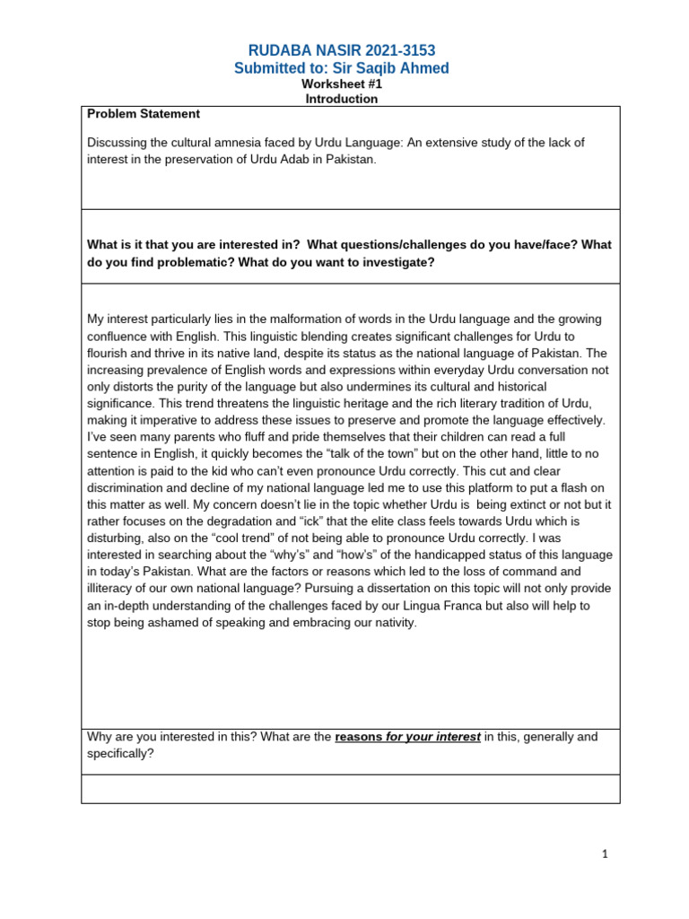 Rudaba Nasir Inroduction | PDF | Urdu | Multilingualism