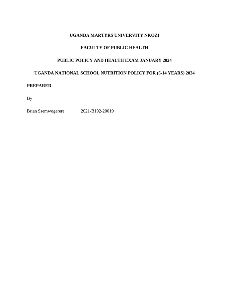 Uganda National School Nutrition Policy 2024 | PDF | Malnutrition ...