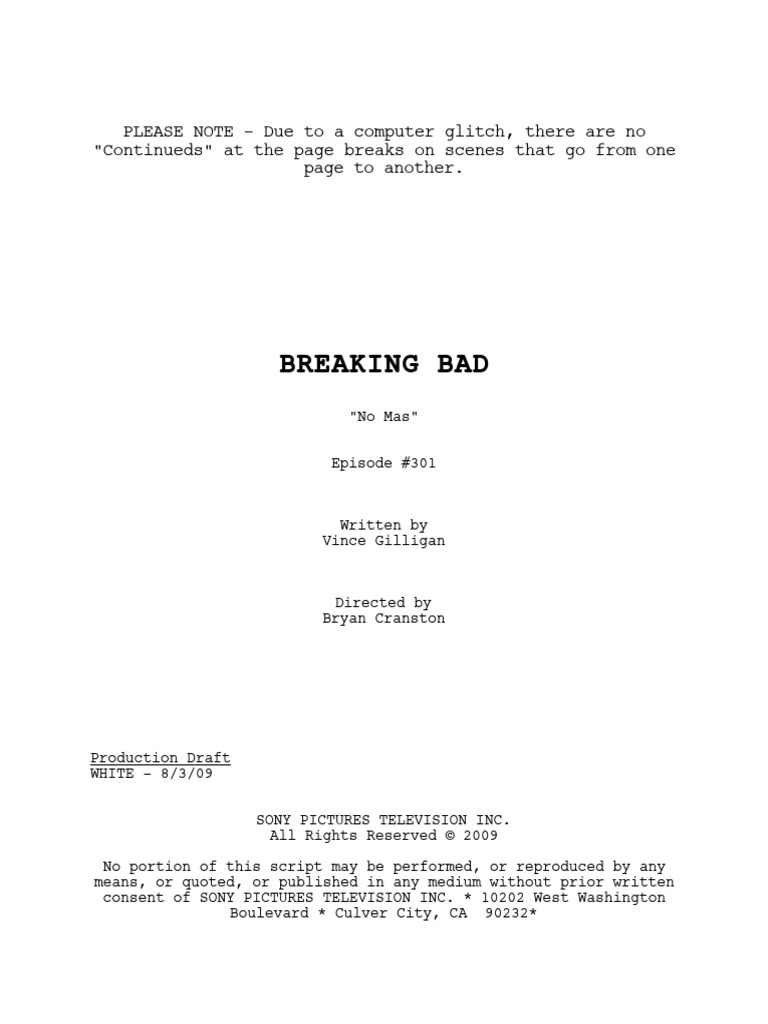 Breaking Bad 301 No Mas Script Teleplay Written by Vince Gilligan | PDF ...