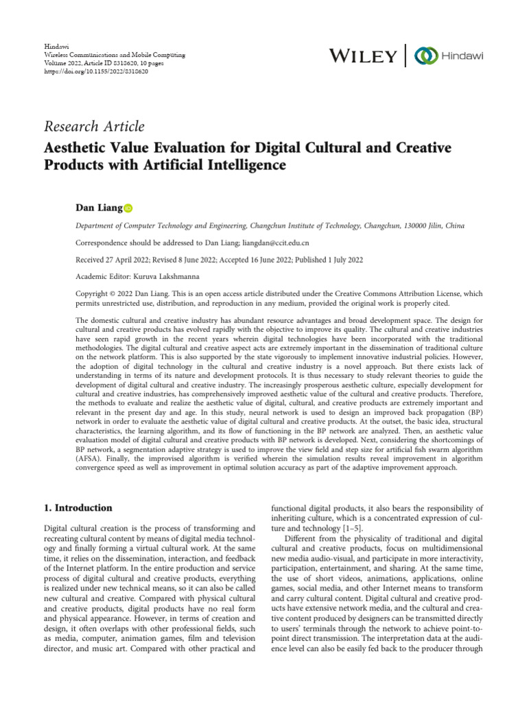 Research Article: Aesthetic Value Evaluation For Digital Cultural and ...
