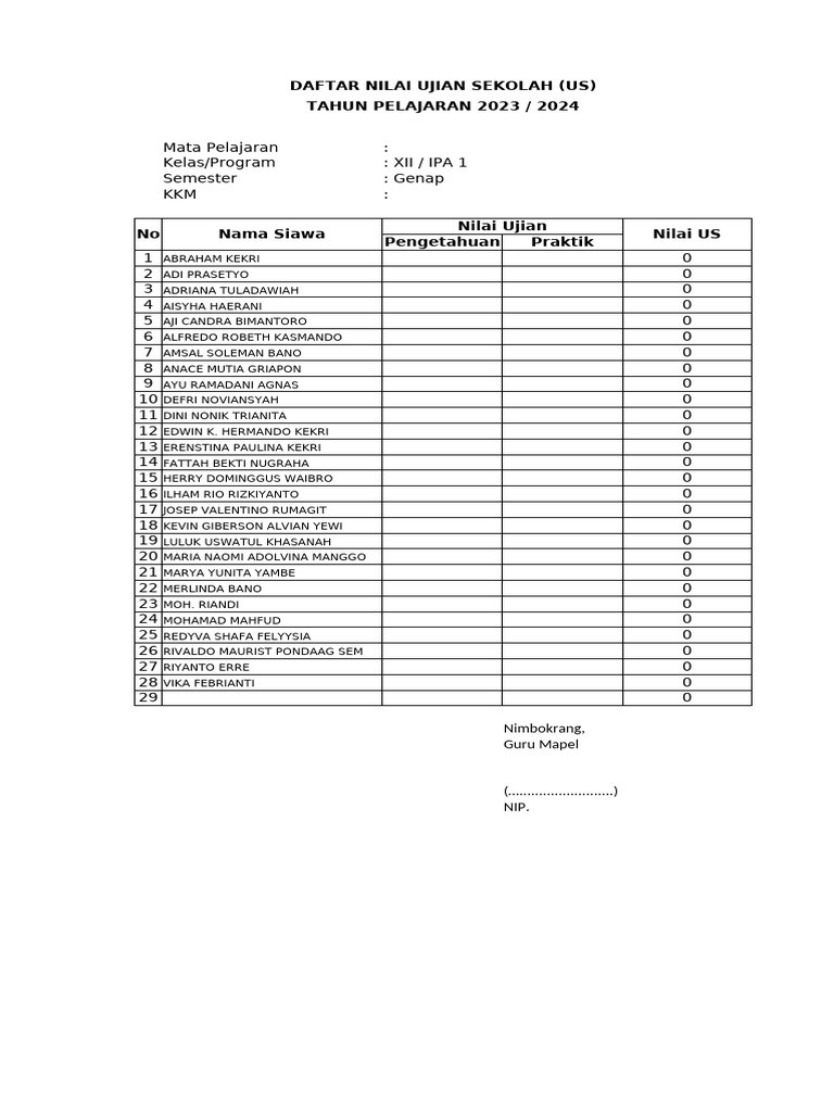 Format Nilai - Us - 2023 - 2024 | PDF