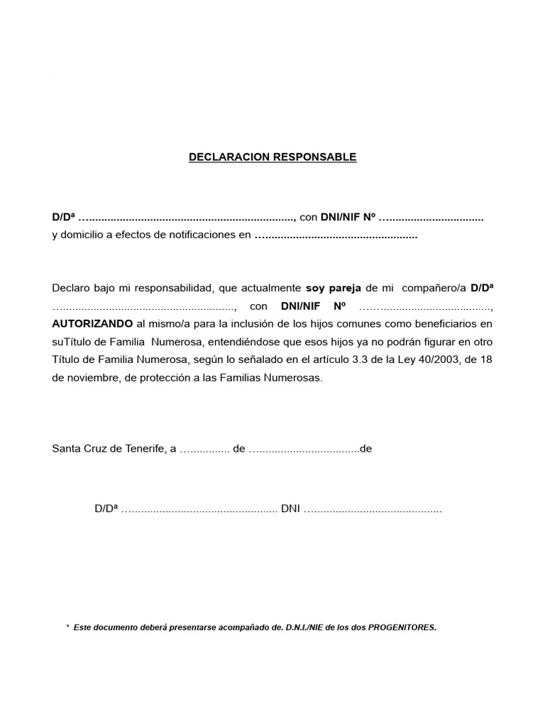 Modelo Declaracion Responsable Autorizacion Inclusión Hijos Progenitores Pareja1 | PDF ...