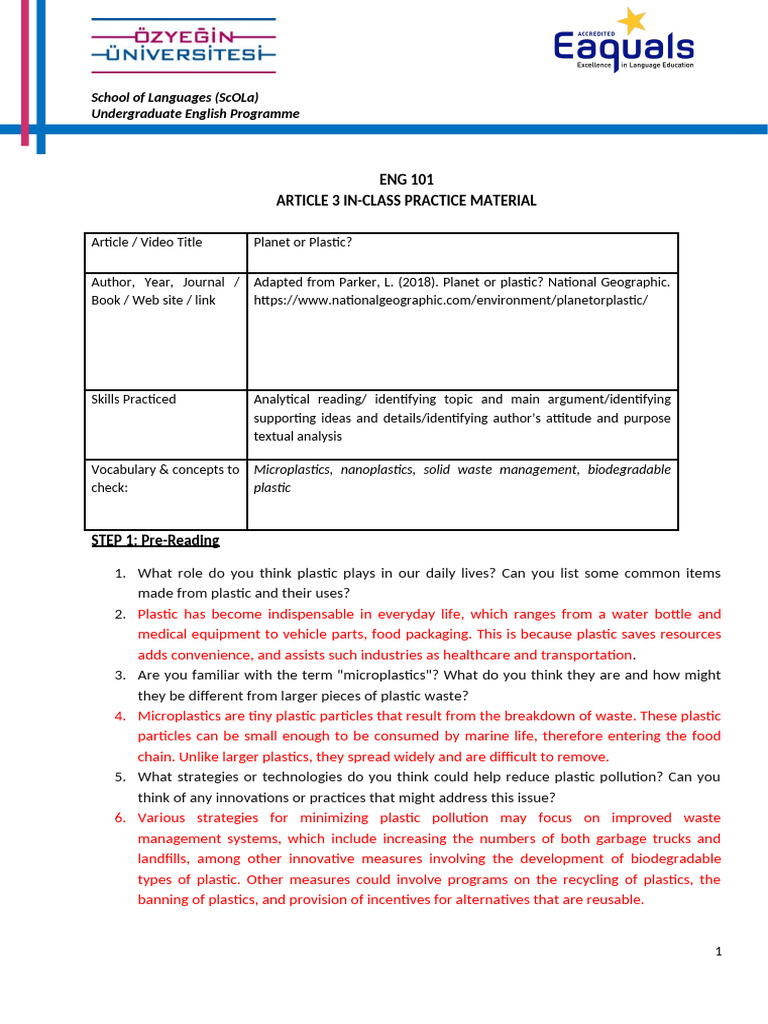 W4. PRACTICE MATERIAL - ARTICLE 3-Planet or Plastic | PDF | Attitude ...