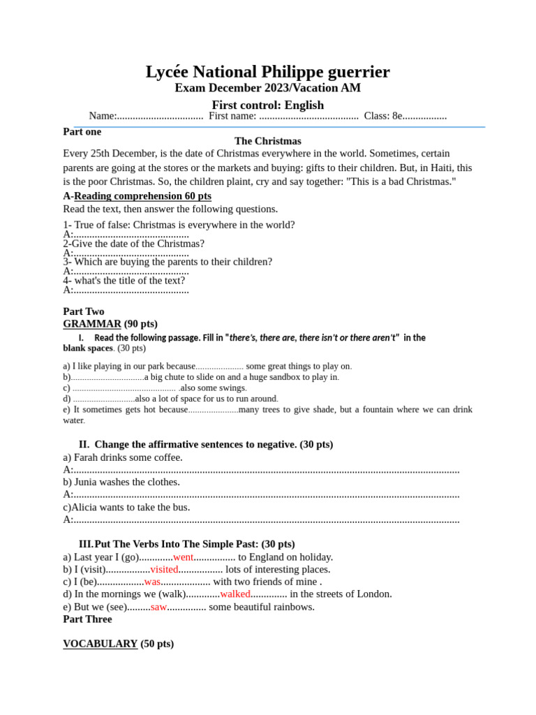 Examen 8ème 1er Tri. 2023 Lycée | PDF | Syntax | Linguistics