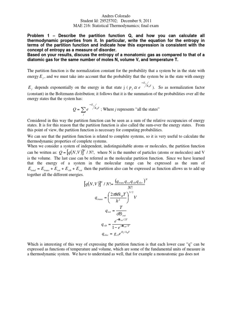 Partition Function and Thermodynamic Properties | PDF | Entropy ...