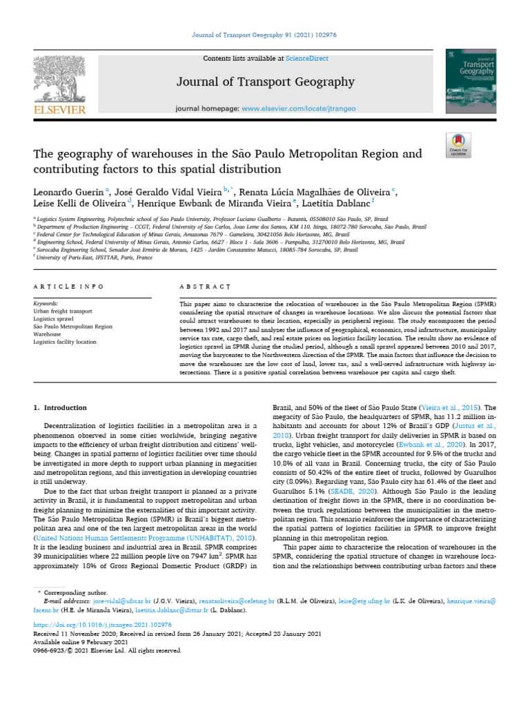 The Geography of Warehouses in The São Paulo Metropolitan Region and Contributing Factors To ...