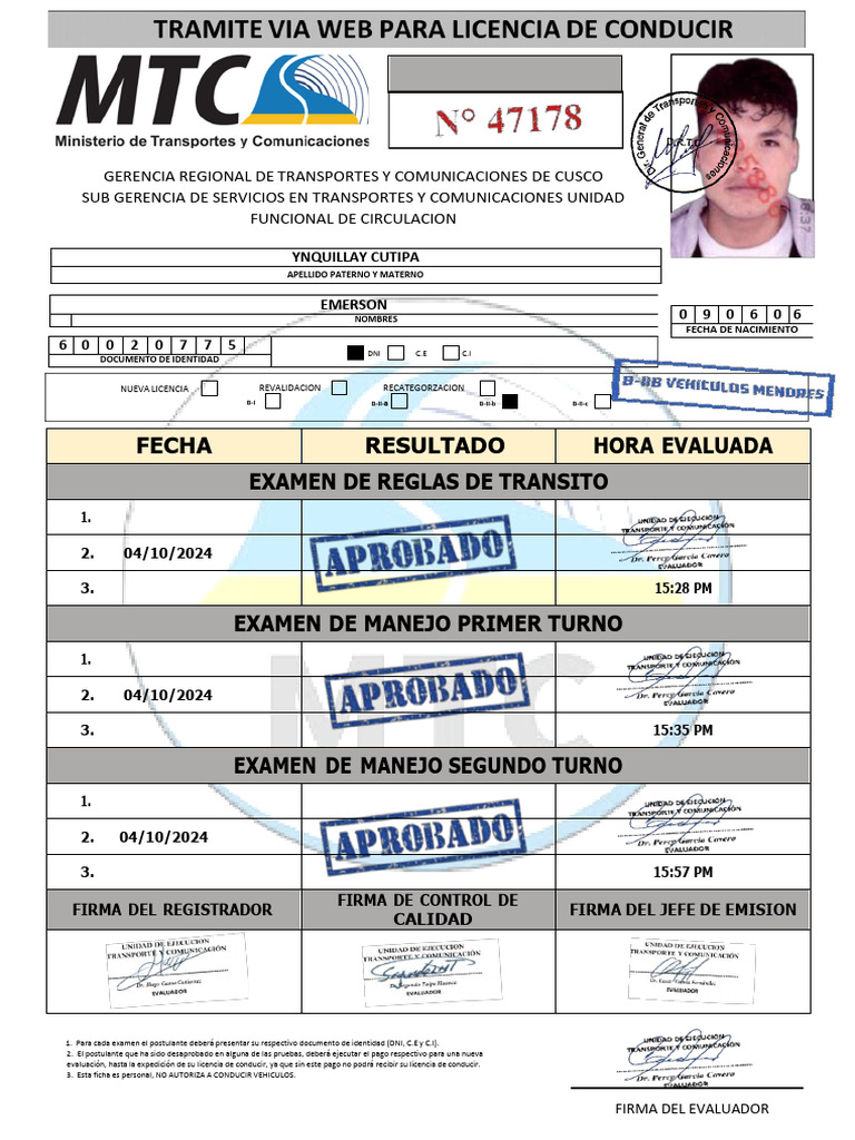 Examen de Manejo y Reglas B-Iib Ynquillay Cutipa MTC | PDF | Documento ...