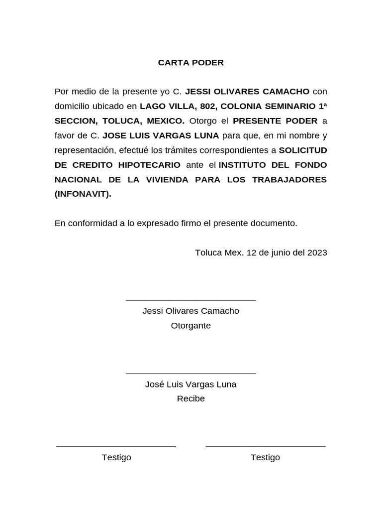 Carta Poder para Solicitud de Crédito INFONAVIT | PDF