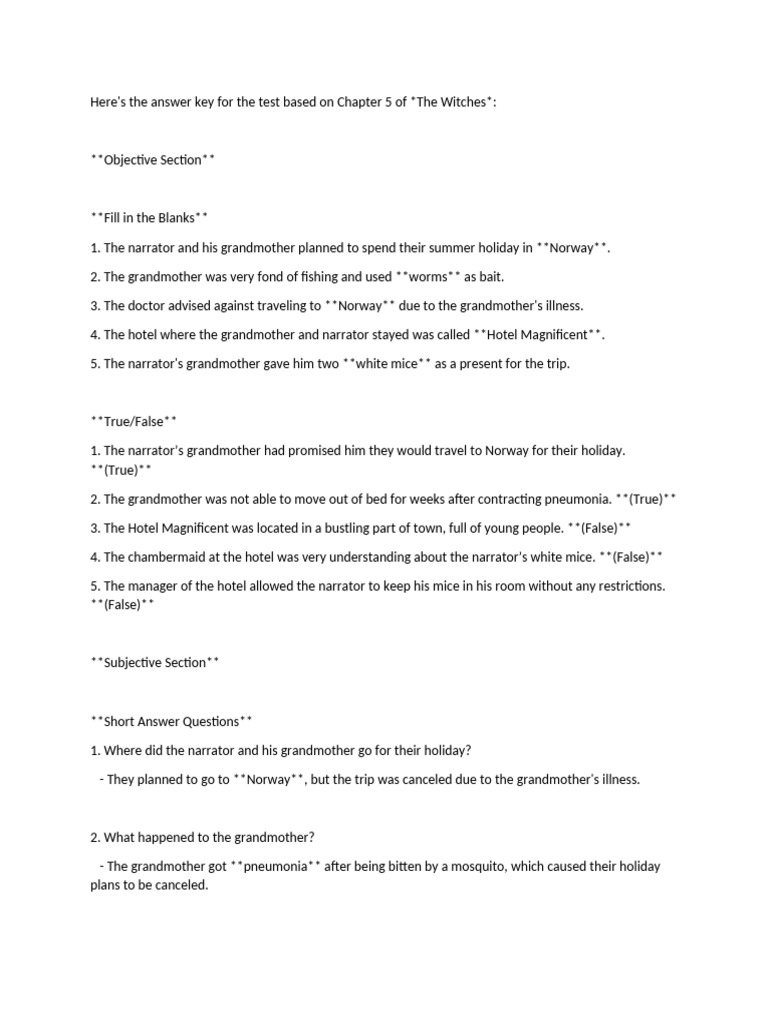 Chapter 5 Test Answer Key: The Witches | PDF