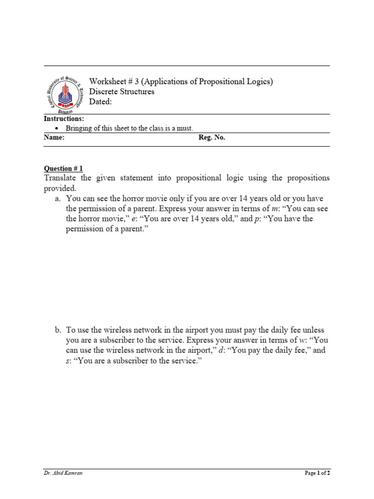 Propositional Logic Worksheet Guide | PDF