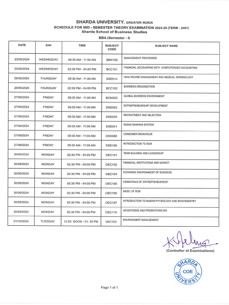 Schedule of MSE (SSBS) - I Sem. - 2024-25 | PDF